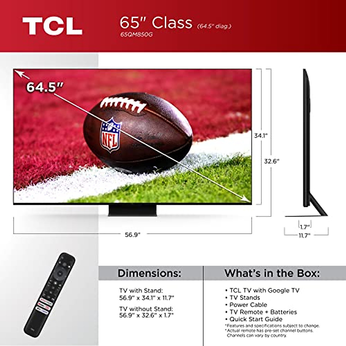 TCL 65-Inch QM8 QLED 4K Smart Mini LED TV with Google TV (65QM850G, 2023 Model) Dolby Vision, Dolby Atmos, HDR Ultra, Game Accelerator up to 240Hz, Voice Remote, Works with Alexa, Streaming Television