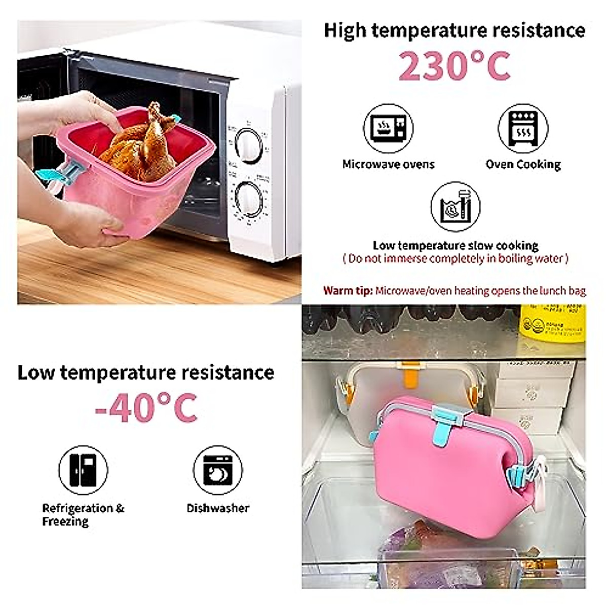 Reusable Silicone Storage Container Bag, Food Grade Silicone BPA Free Microwavable Refrigerated Non Odors, Lunch Box, Carry-on Bag,Makeup Bag (2037C Pink Red)