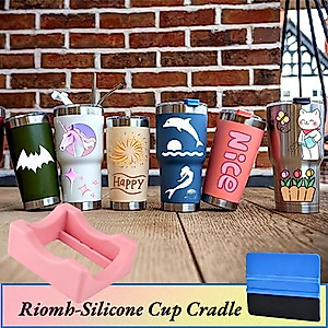 Riomh Cup Cradle for Tumblers, Silicone Tumbler Holder for Vinyl Decals, Tumbler Cradle Built-in Slot with Felt Edge Squeegee for Crafting Decals on Cups, Bottles