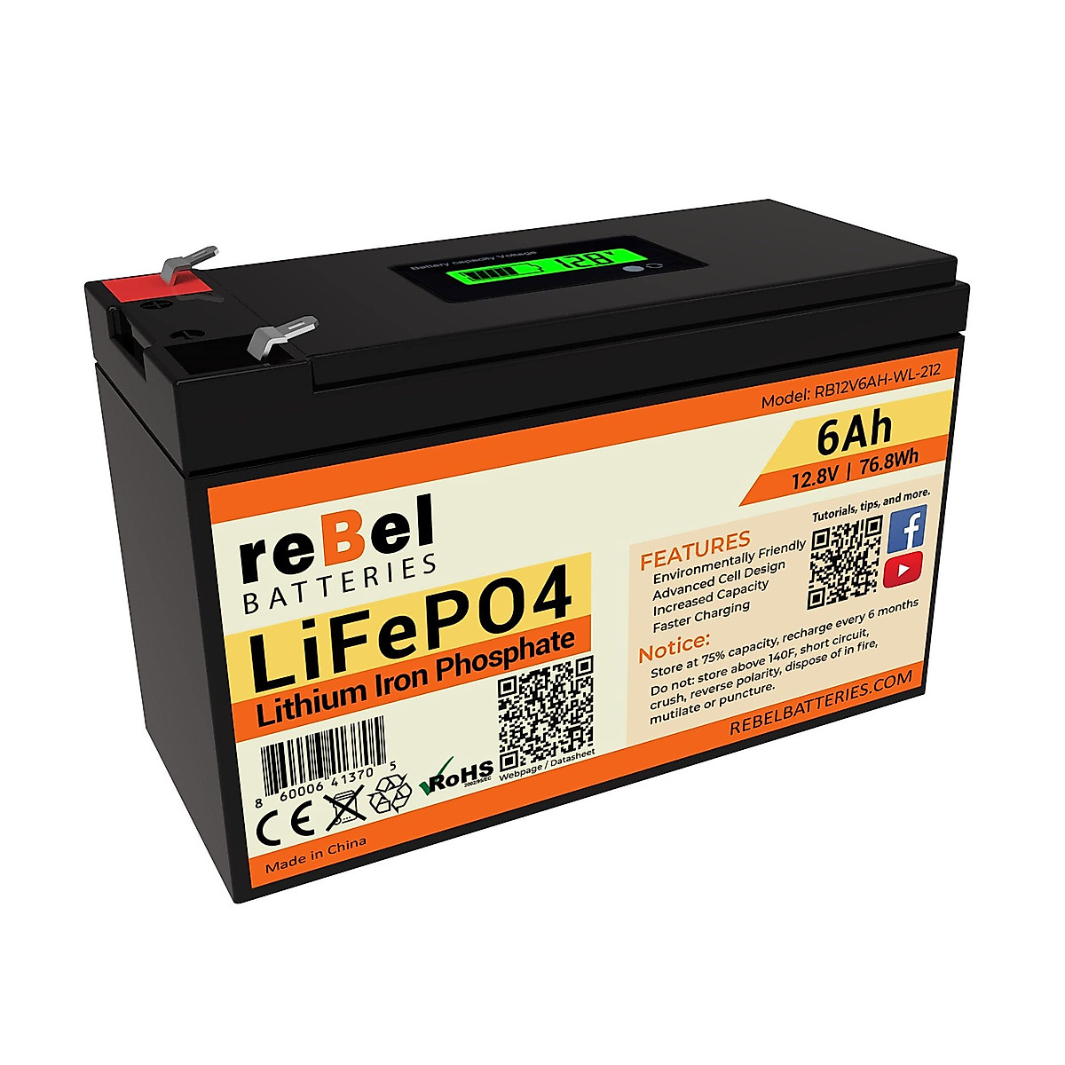 reBel Batteries 6ah Lithium Battery with LCD - LiFePO4 12V 6Ah Battery - Kayak Battery - Fishing Electronics - Solar Battery - Lithium Iron Phosphate Battery with Low Temp Protection