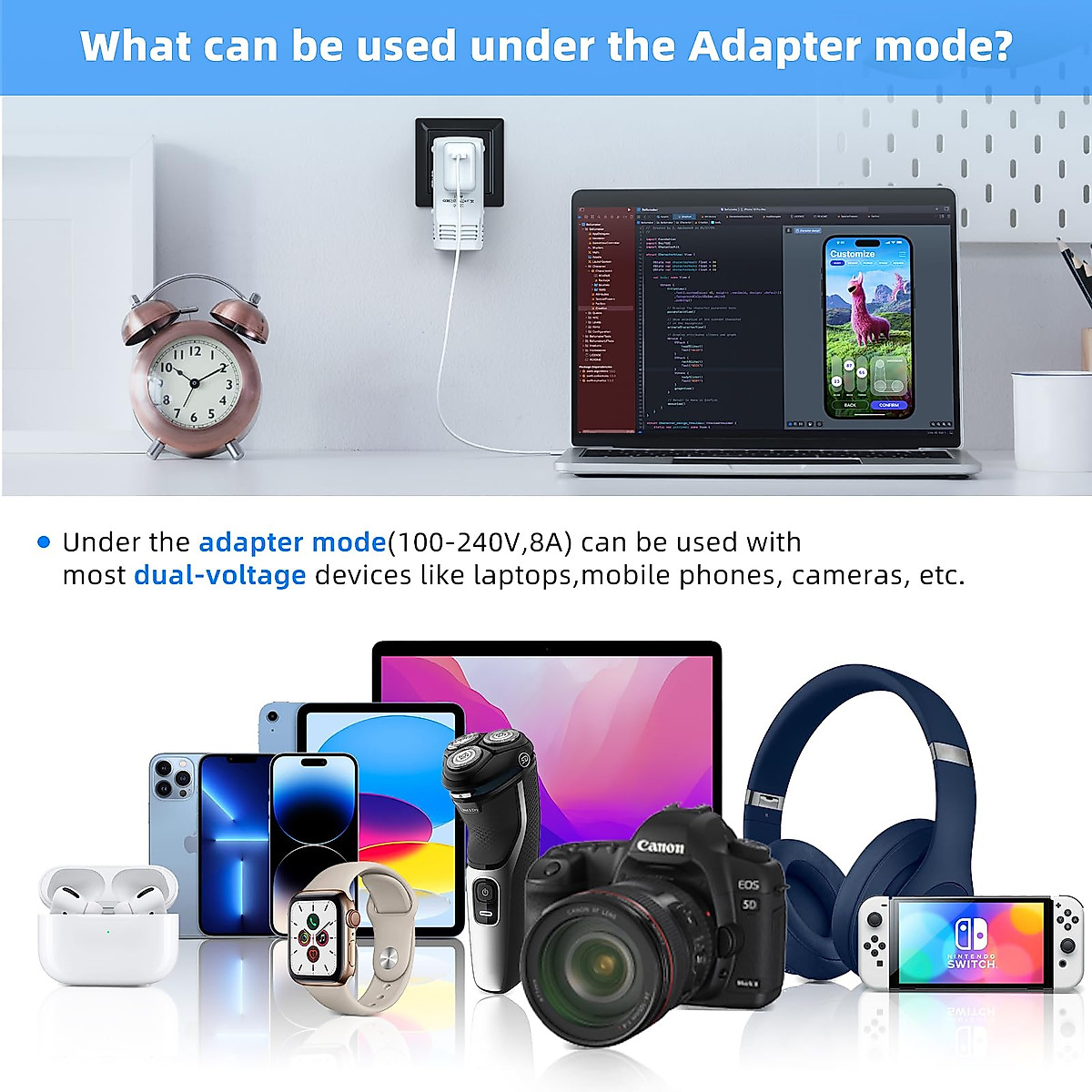 Universal Travel Adapter and Converter Combo Power Voltage Converter Step Down Voltage 220V to 110V for Europe/UK/AU Over 150 Countries White