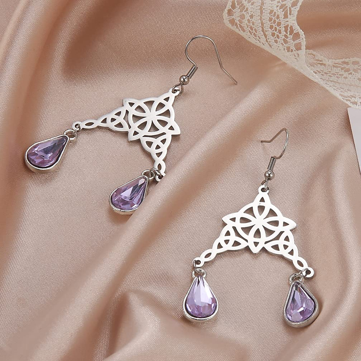 Witch Knot Earrings For Women Hollow Out Style Charm Celtic Knot & Teardrop-shaped Amethyst Dangle Earrings Wiccan Symbol Jewelry Gifts