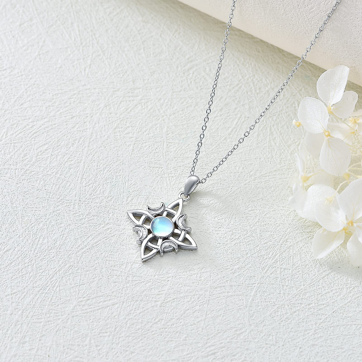 LONAGO Witches Knot Synthetic Moonstone Necklace 925 Sterling Silver Wicca Moon Irish Celtic Pendant Jewelry for Women
