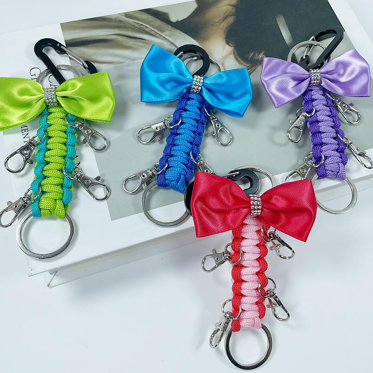 Cheer Bow Holder, 2 Pack Cheer Bow Keychains, Cheer Stuff Cheerleading Accessories, Paracord for Girls, Cheer Bow Holder for Backpack - Green Bow