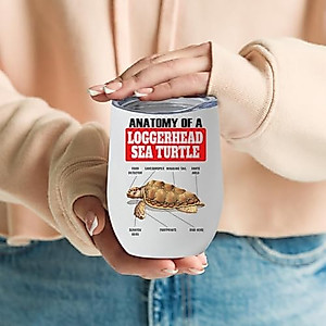 Loggerhead Sea Turtle Tumbler 12oz - Funny Anatomy Chart Design - Stainless Steel Vacuum Insulated Wine Cup With Lid - Gifts for Turtle Lovers