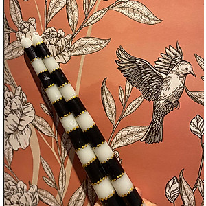 0 Handmade Decorative Hand Painted Taper Candles, 2 Pack | Striped Black & White | for Dinner Table and Interior Decoration