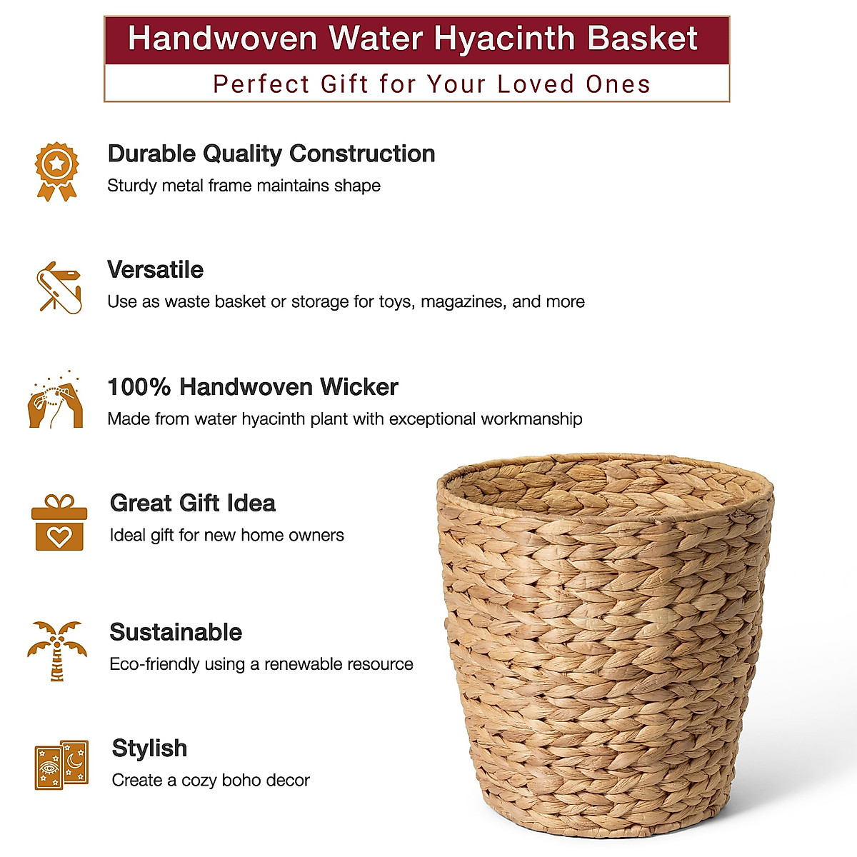 SNOWECRAFT 2-Pack Woven Waste Basket for Bathroom, Bedroom, or Living Room | Wicker Wastebasket Style Handwoven Basket Made from Water Hyacinth | Modern Boho Storage Basket