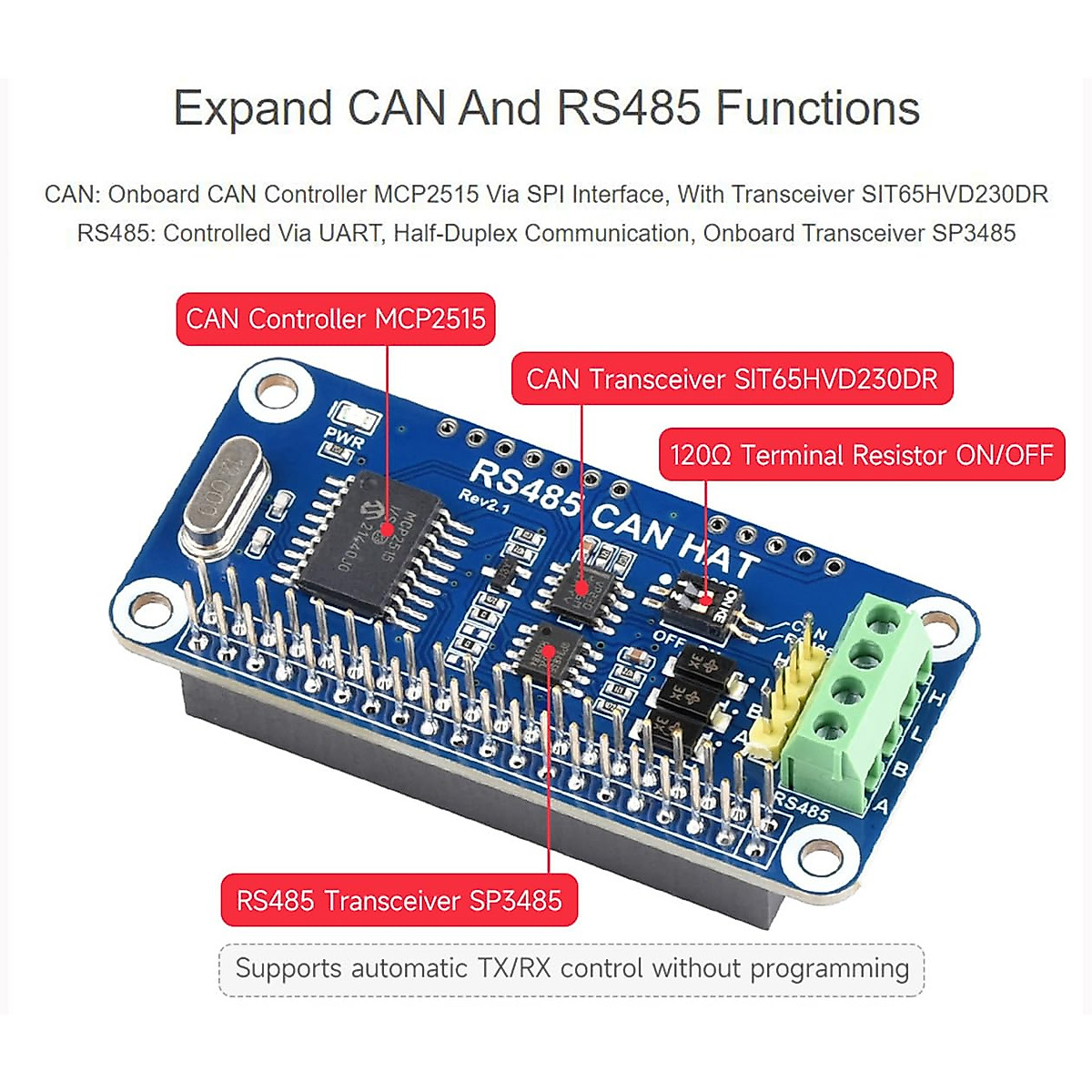 for Raspberry Pi,RS485 CAN HAT for Pi 4B/3B+/3B/2B/B+/A+/Zero/Zero W/WH/ 2W/2WH,RS485 CAN HAT Long-Distance Communication via RS485/CAN Functions MCP2515 CAN Controller SPI Interface