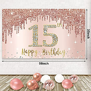 Happy 15th Birthday Banner Backdrop Decorations with Confetti Balloon Garland Arch, Rose Gold 15 Birthday Banner Balloon Set for Girls, Pink 15 Year Old Bday Poster Photo Booth Decor