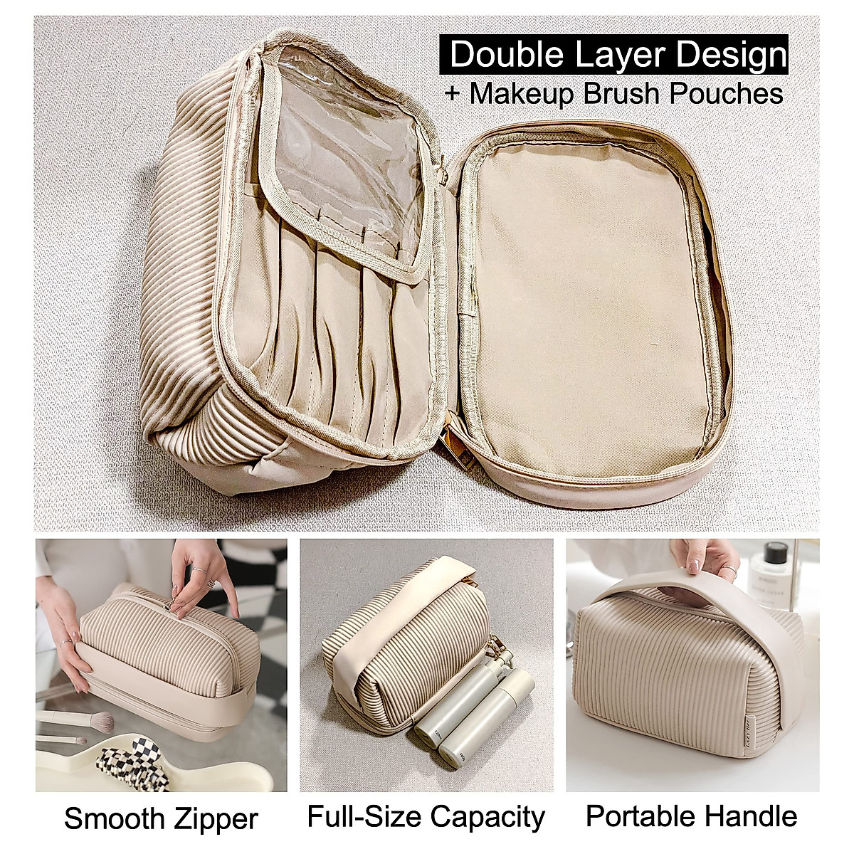 bolarstore Toast Large Makeup Bag,Double Layer Cosmetic Bag,Portable Toiletry Bag,PU Leather Travel Makeup Organizer,Waterproof Zipper Pouch,Large Capacity Multifunctional Bag for Women Girls,White