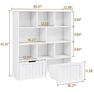 Toy Storage Organizer with Bookshelf, Large Toy Organizers and Storage 2 Movable Drawers with Hidden Wheels and 8 Storage Cubbies, Kids Bookshelf and Toy Storage Chest, Playroom Furniture, White