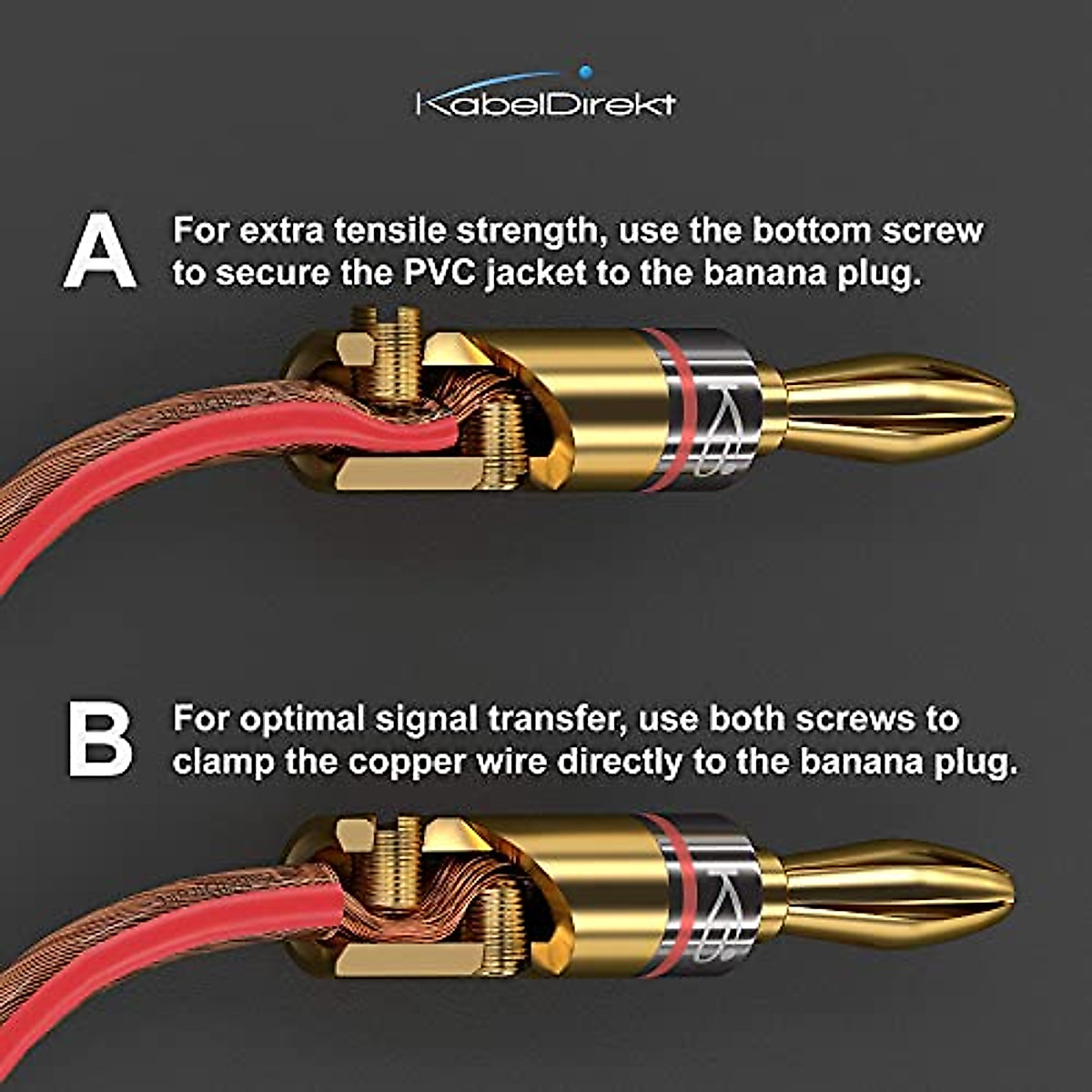 KabelDirekt – Banana Plugs – 5 Pairs (for Speaker Wire, AWG 10-16, Allow Flexible Connection to Speakers, amplifiers, A/V receivers, Power amplifiers & Stereo Systems, Fixing Screws, Gold Plated)