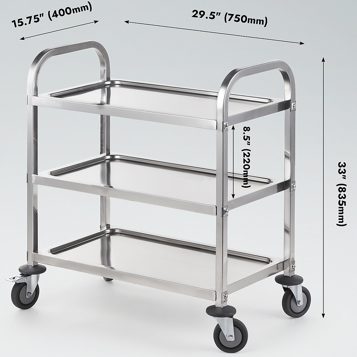 CURTA Stainless Steel Serving Trolley, 30" L x 16" W x 33" H 3 Tiered Shelf Kitchen Utility Cart, Rolling Casters Brake Wheel, Commercial Pro for Restaurant/Hotel/Lab/Clinic/Salon/Workshop