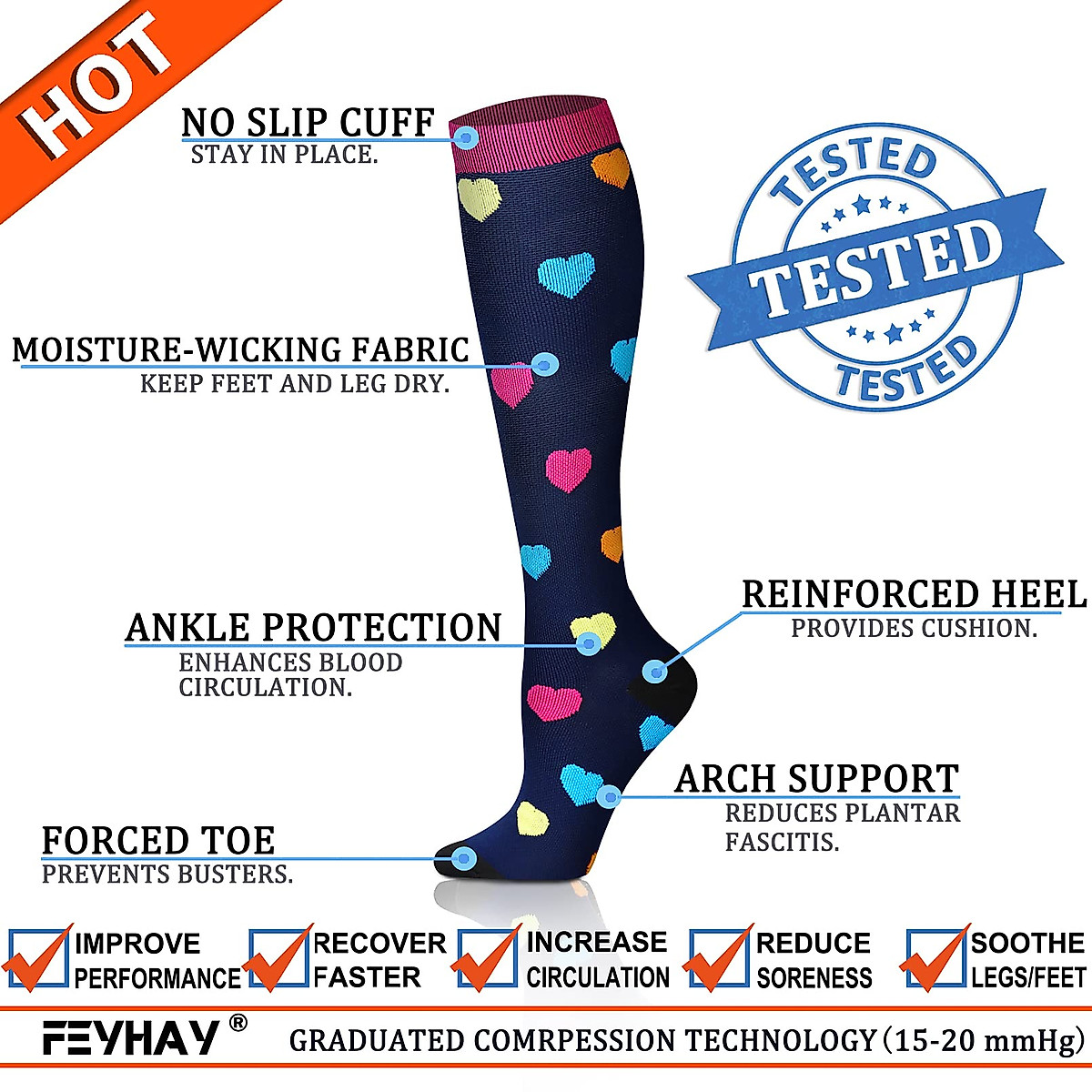 FEYHAY Copper Compression Socks(8 Pairs) for Men & Women 15-20 mmHg is Best Athletic & Daily for Running Flight Travel Climbing (Large-X-Large, 05 navy/Gray/Black)