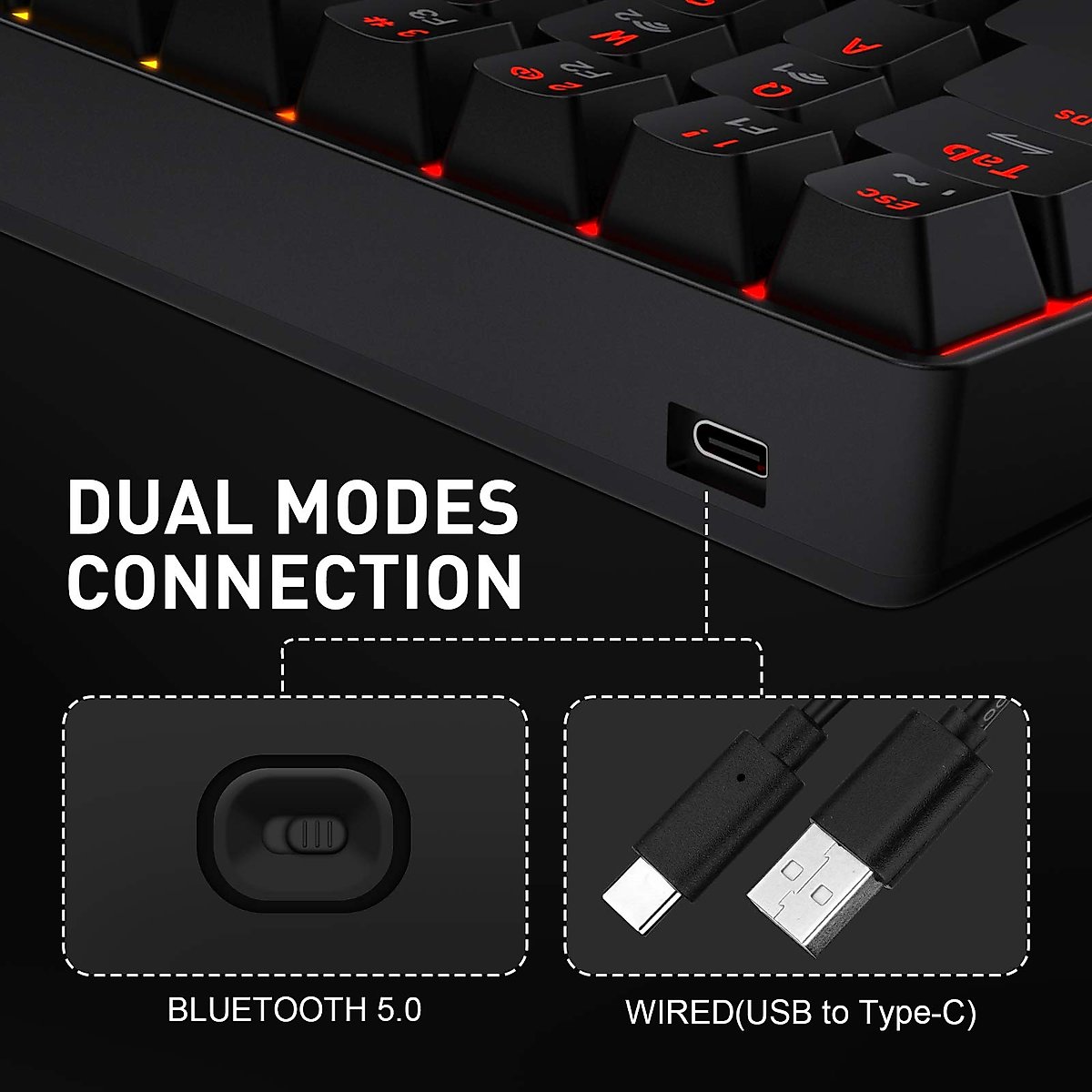 havit Wireless 60% Mechanical Keyboard 61 Keys Rainbow Backlit Gaming Keyboard Bluetooth 5.0/Type-C Wired Programmable Computer Keyboard with Red Switch for Multi-Devices PC Mac Laptop (Black)