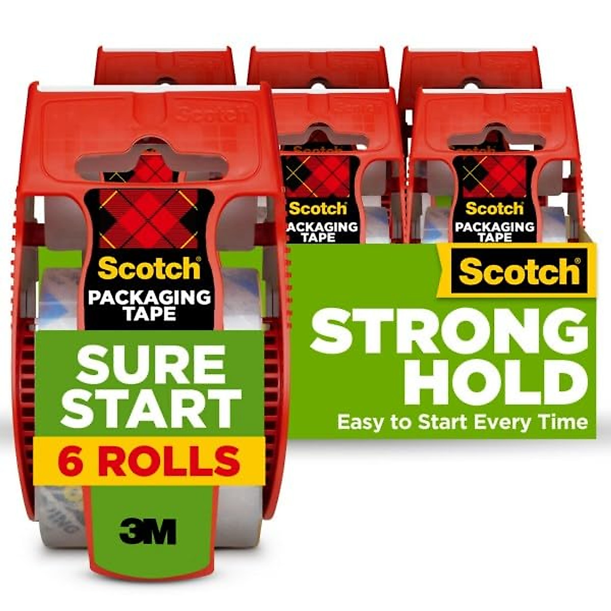 Scotch Sure Start Shipping Packaging Tape, 1.88"x 22.2 yd, Designed for Packing, Shipping and Mailing, Quiet Unwind, No Splitting or Tearing, 1.5" Core, Clear, 6 Dispensered Rolls (145-6)