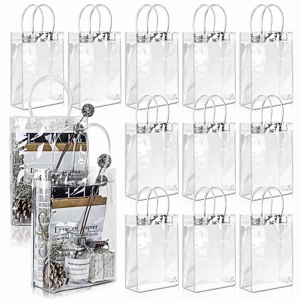 BadenBach 20 PCS Clear Gift Bags with Handles,6.3" x 9.8" x 3.1",Small Gift Bags Clear Goodie Bags Plastic Gift Bags with Handles for Wedding Birthday Baby Shower Party Favors Halloween Christmas