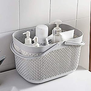 FEOOWV Plastic Bathroom Storage Basket with Handle, for Storing Bathroom Body Wash, Shampoo, Conditioner, Lotion (Grey, 1Pc)