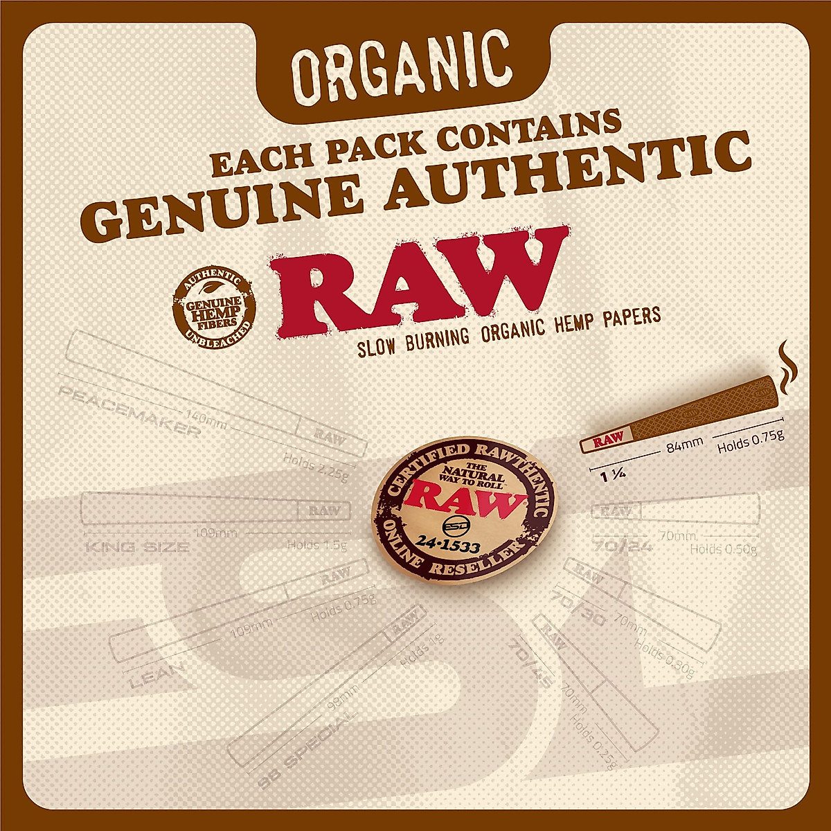 RAW Cones Organic 1-1/4 Size | 50 Pack | Pre Rolled Rolling Paper with Tips & Packing Tubes Included