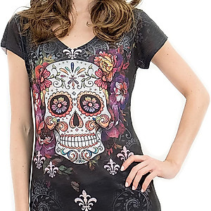 Sweet Gisele Sugar Skull V-Neck T Shirt Day of The Dead Rhinestones Bling for Women Black,Large,Black