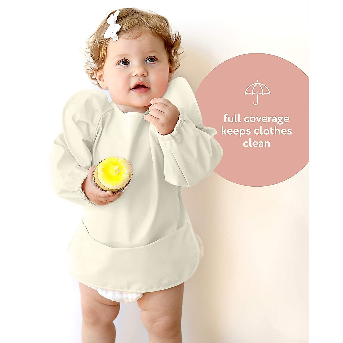 WILLOW + SIM Long Sleeve Baby Bib - Mess-Proof Feeding Bib for Babies 6-24 Months - Antique White