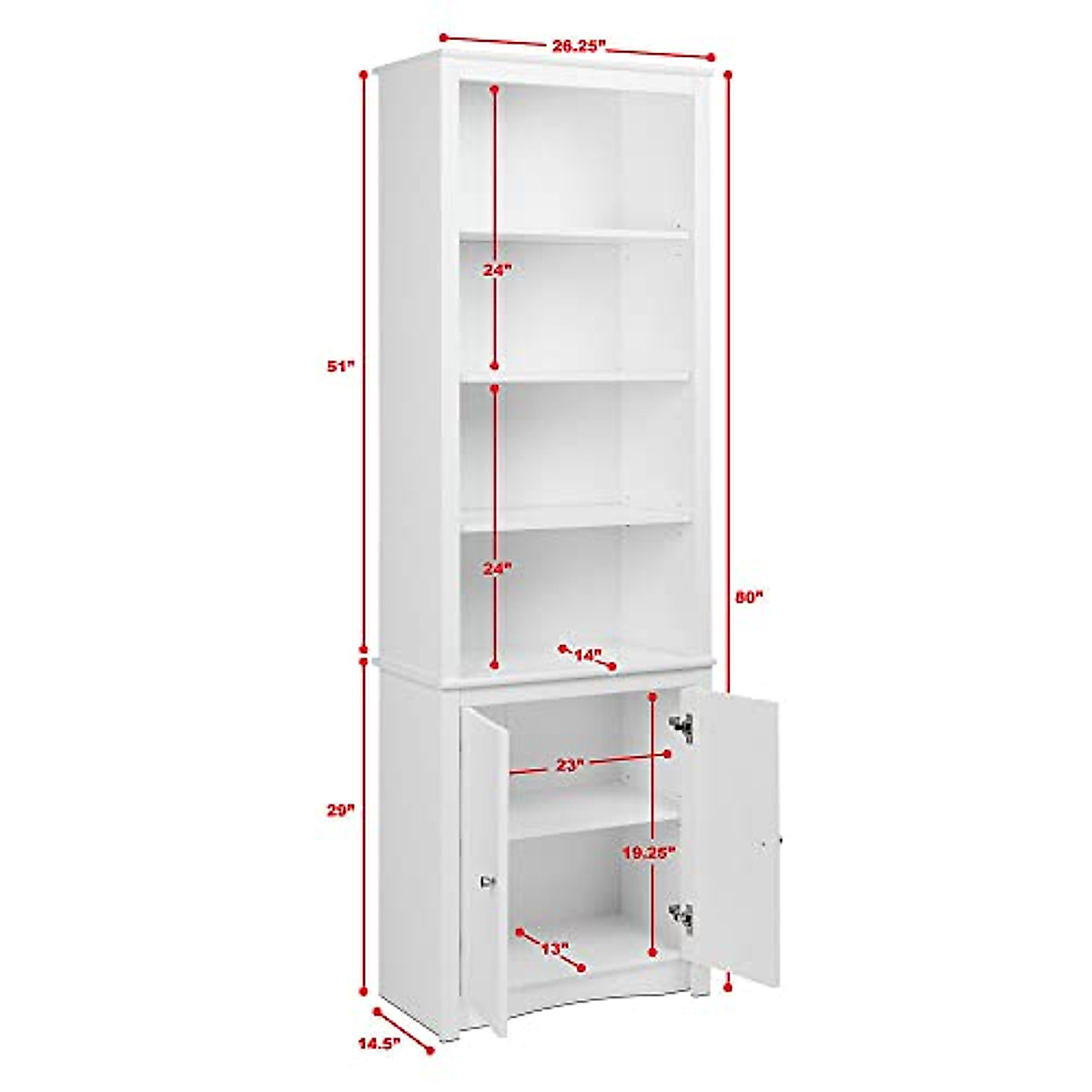 Prepac Tall Bookcase with 2 Shaker Doors, 80" H, White