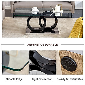 Tempered Glass Coffee Table for Living Room, Rectangular Center Table with MDF Table Legs, Modern Minimalist Cocktail Table for Small Space, Apartment, Office (Black, O-Shaped Base)