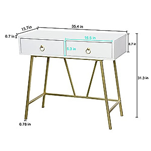 Anmytek Modern Home Office Desk, 35.4 Inch Makeup Vanity Table White Study Desk 2 Drawers Writing Desk Computer Desk with Golden Legs, D0002