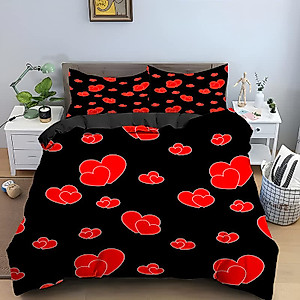 Duvet Cover California King Size Black Red Heart with Zipper Closure Comforter Sets Microfiber Duvet Cover Set (104 X 98 Inches)+ 2 Pillowcases(20"X36")