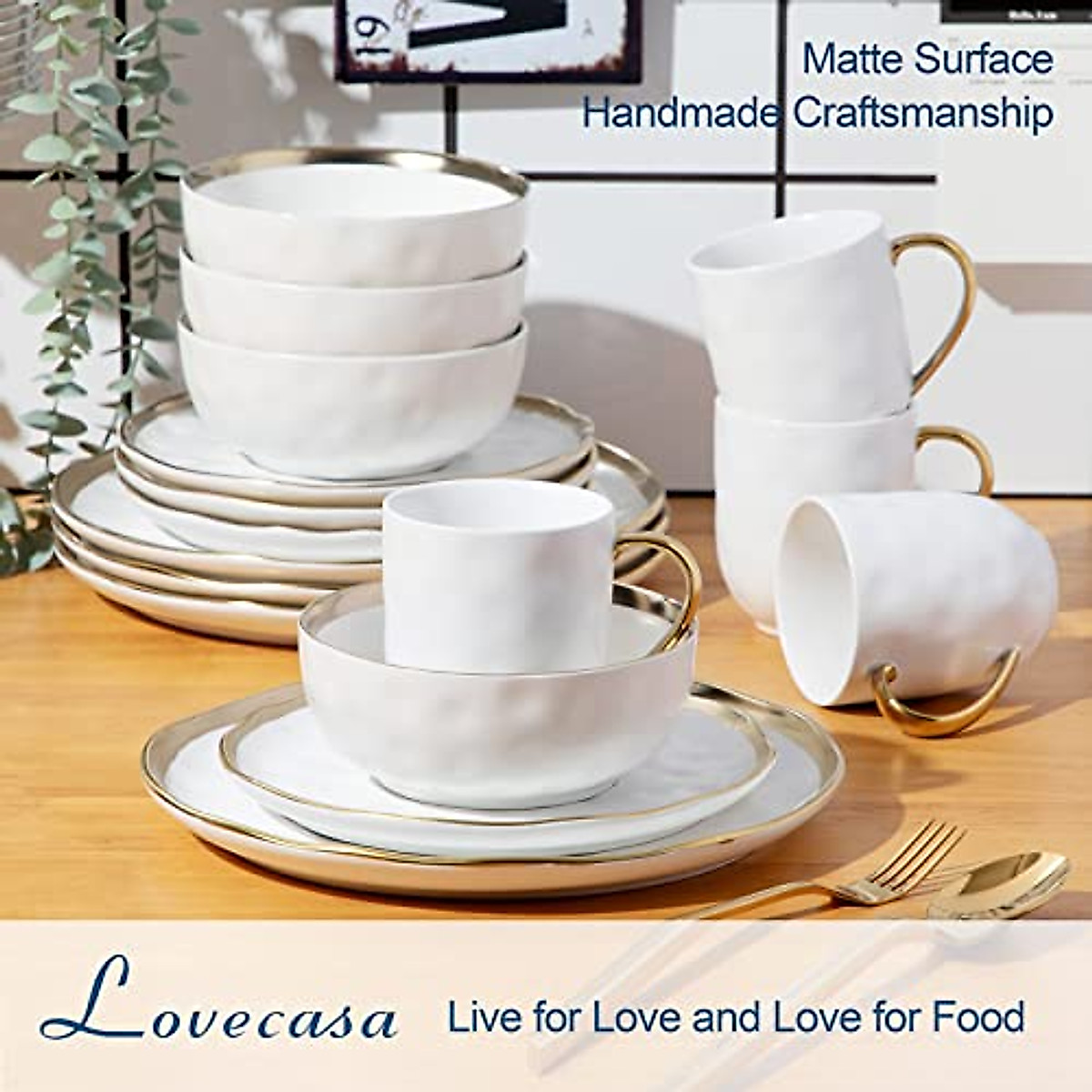 LOVECASA Stoneware Dish Set for 4, Handmade Plates and Bowls Sets, 16 PCS White and Gold Dinnerware Sets, Dishwasher Safe