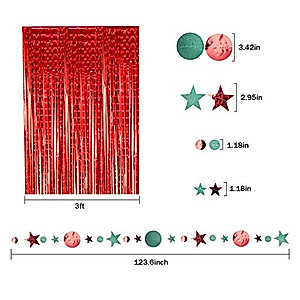 Christmas Party Decoration Backdrop - 4 Pack Foil Fringe Curtains Tinsel Curtain and 2Pcs Glitter Circle Dots Star Garlands for Birthday Xmas Holiday New Year Eve Party Decorations (Red and Green)