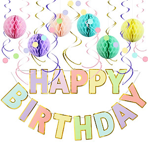 LITAUS, Birthday Decorations, NO DIY - Pack of 17 | Macaron Happy Birthday Banner, Honeycomb Balls, Swirls, Garland | Happy Birthday Decorations | Birthday Party Decorations