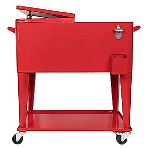 Rolling Ice Chest Cooler for Outdoor Patio Deck Party,80 Quart Ice Chest with Wheels,Portable Party Bar Cold Drink Beverage Cart,Backyard Cooler Trolley on Wheels with Shelf,Bottle Opener,Red