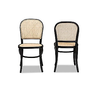 Baxton Studio Cambree Mid-Century Modern Brown Woven Rattan and Black Wood 2-Piece Cane Dining Chair Set
