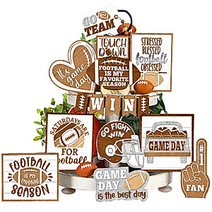 16 Pcs Football Tiered Tray Decor Fall Football Decor Football Season Truck Wooden Signs Rustic Football Table Centerpieces Farmhouse Football Decorations for Home Football Fans Club