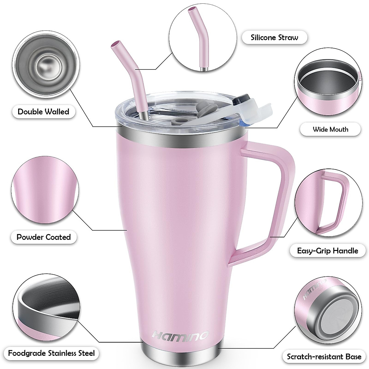 Hamino 30 oz Tumbler with Lid and Straw Handle, Double-Wall Vacuum Travel Coffee Mug with Handle, Stainless Steel Insulated Coffee Tumbler Mug Cup for Home Office Travel HOT COLD Drinks (Dream Pink)