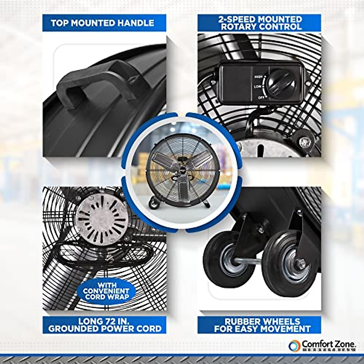 Comfort Zone CMC30 30” High-Velocity 2-Speed Direct-Drive Industrial Drum Fan, All-Metal Construction, Rubber Wheels, Easy to Grab Handle, & Balanced Aluminum Blades, Black