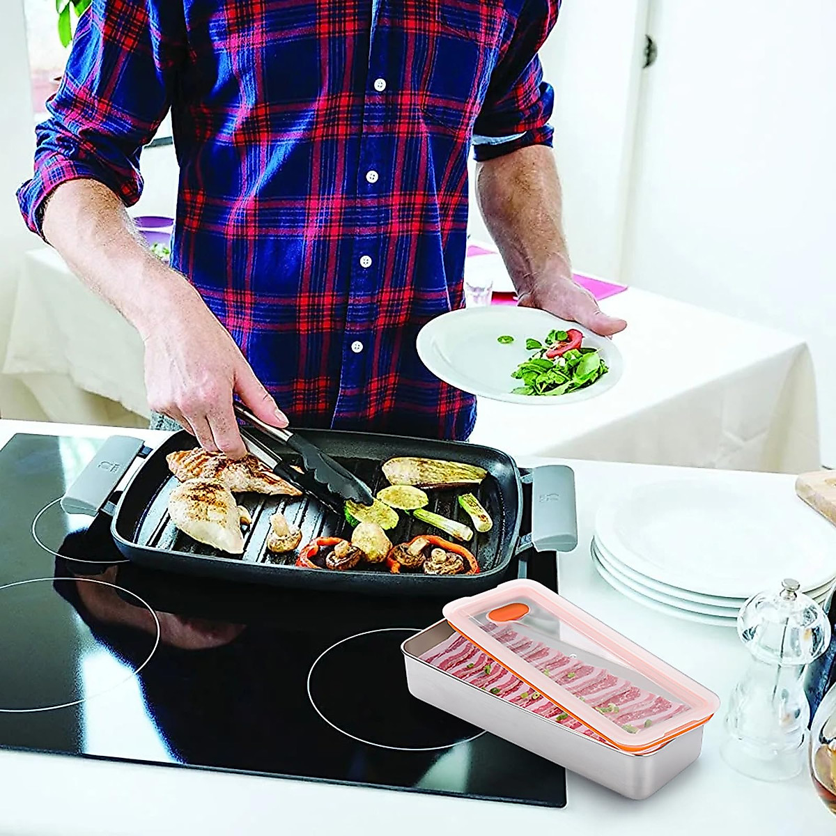 BSTKEY Bacon Container for Refrigerator, 304 Stainless Steel Airtight Deli Meat Saver Bacon Keeper for Fridge, Bacon Fresh Storage Container with Clear Lid, Dishwasher Safe, Fridge Organizer