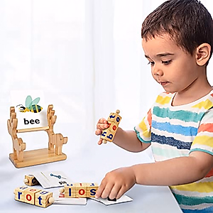 Montessori Toys for 3 4 5 Years Old Wooden Reading Blocks CVC Sight Words Game for Toddlers Letter Flash Cards for Kindergarten Kids Learning Educational Alphabet Phonics for Preschool Girls Boys