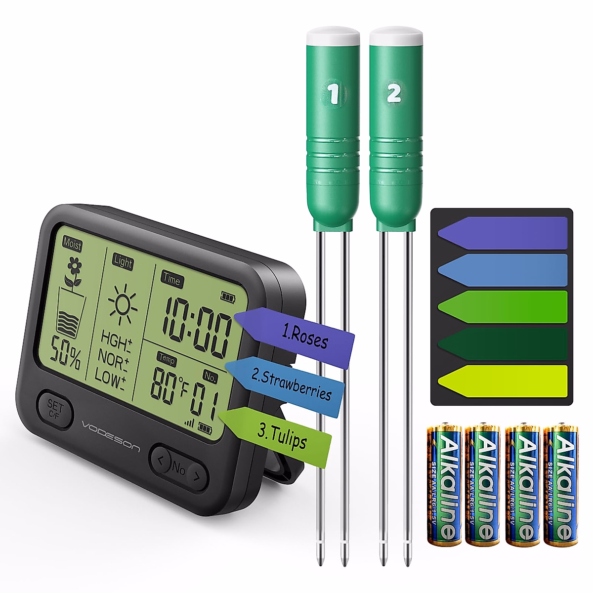 VODESON 4in1 Plant Soil Moisture Meter with 230ft RF Wireless Includes Battery-Waterproof & LCD Display for Moisture,Temp,Sunlight,Time,Ideal for Garden, Farm, Lawn Care-Outdoor Plant Monitoring