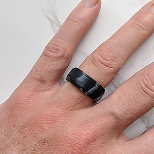 Knot Theory Black Marble Silicone Ring Men - Size 8 Step Edge 9mm Wide Rubber Wedding Band - Gym Workout Weight-Lift Ring
