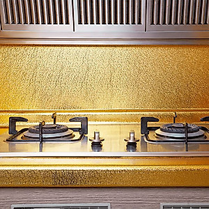 Kitchen Backsplash Wallpaper, 15.7'' x 196.8'' Aluminum foil Stickers Contact Paper, Self-Adhesive Oil Proof Heat Resistant Wall Sticker for Countertop Drawer Shelf Liners (Gold)