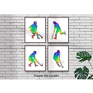 Field Hockey Player Abstract Wall Art, 8x10, Ready to Frame Set of 4 Prints, Ideal for Female Players, Coaches and Hockey Fans - Great Teen Girl Bedroom, Hockey Club Locker Room or Dorm Room Décor