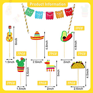 43 Pcs Fiesta Cupcake Topper and Picado Banner For Fiesta Party Decorations Mexican cake topper For Mexican Themed Cactus Donkey Taco Pepper Sombrero Mustache Party Decorations (Fresh Style)