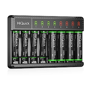 HiQuick 8 Bay Smart Battery Charger with 4AA and 4AAA Battery + 8 Pack AAA Rechargeable Batteries