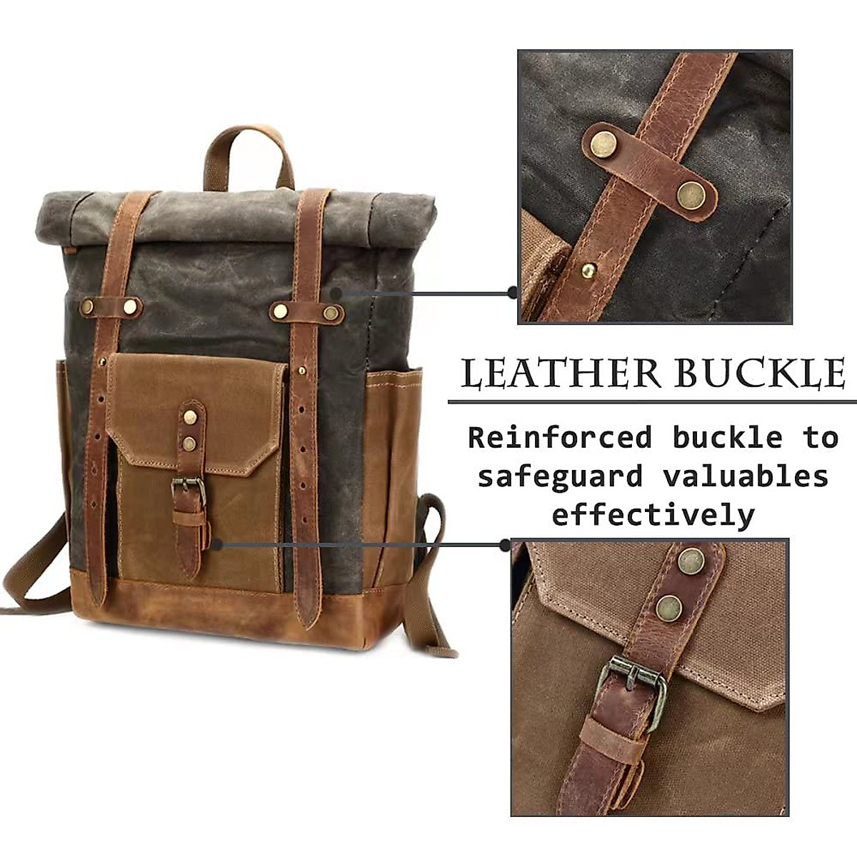 CRUITBILI Waxed Canvas Leather Hiking Travel Waterproof Backpack for College Weekend Travel Fit 15in laptops (Classic Khaki)