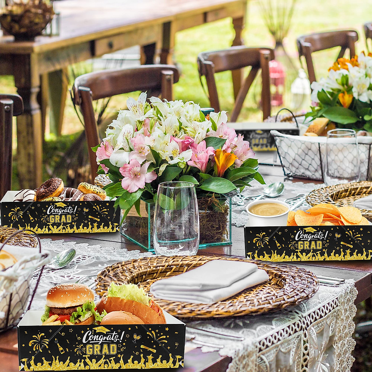 Disposable Food Trays 2023 Graduation Party Supplies Graduation Congrats Grad Paper Food Trays 30 Pcs Disposable Food Holders for Popcorn Nacho Black and Gold Graduation Party Decorations
