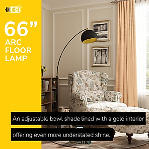 GETINLIGHT 66" Modern Black Metal Arc Floor Lamp with Inner Gold Metal Shade and Black Marble Base, LED Bulb Included, IN-0806-1-BK