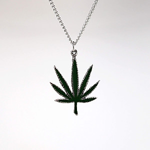 Real Metal Marijuana Weed Pot Leaf Green Enamel on Silver Finish Pewter Pendant Necklace
