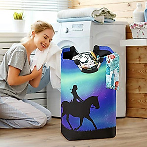 N/ A Collapsible Laudry Basket Large Foldable Laundry Hamper - Girl On Running Horse Northern Lights Starry Sky Bathroom Clothes Bag Waterproof Washing Bin